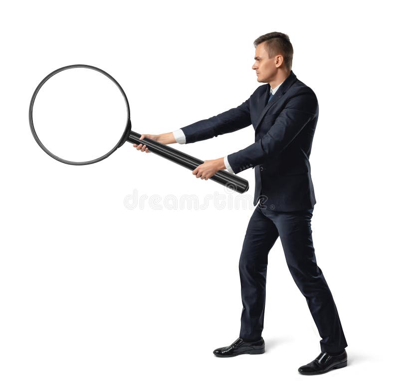 Side View of a Businessman Holding Big Magnifier with Both Hands ...