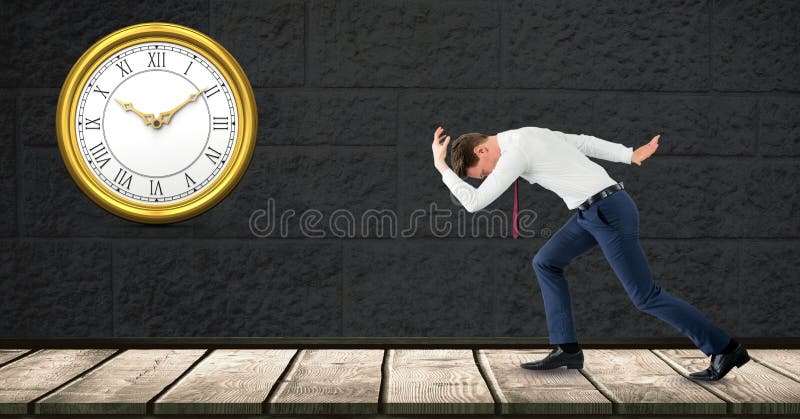Side View of Businessman Running Late with Clock on Wall Stock ...