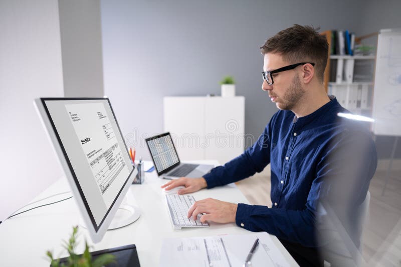 Businessman Calculating Invoice in Office Stock Image - Image of ... Businessman Calculating Invoice in Office Stock Image - Image of ...