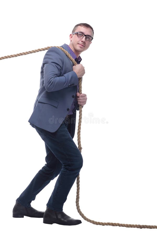 Side View of Businessman in Suit Pulling a Rope while Standing Against ...