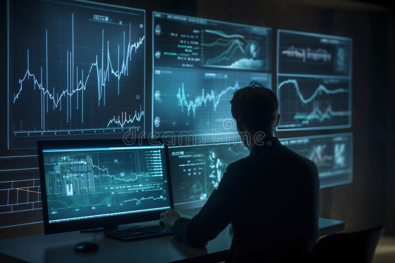 Side View of Businessman Working with Computer in Dark Office at Night ...