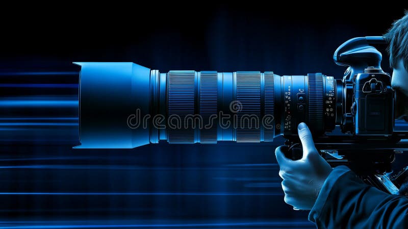 Side View of a Cameraman Holding Professional Telephoto Camera Lens in ...