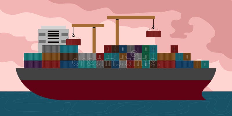 Side View of a Cargo Ship in a Landscape Stock Vector - Illustration of ...