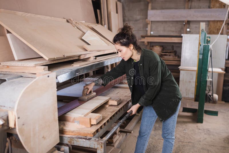 Side View of Carpenter Polishing Wooden Stock Image - Image of ...
