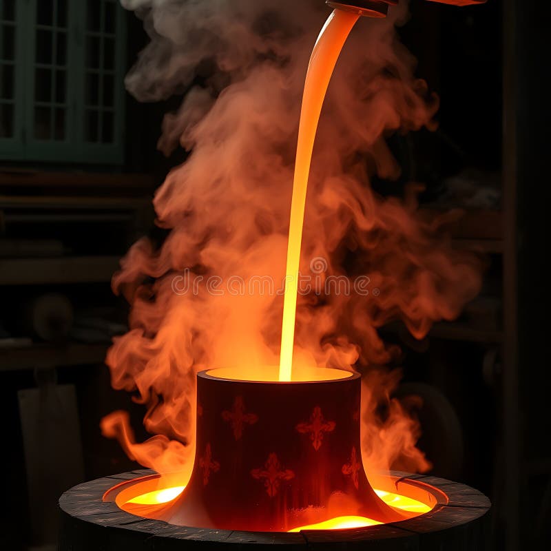 Side View of a Casting Process Where Molten Metal is Being Poured into ...