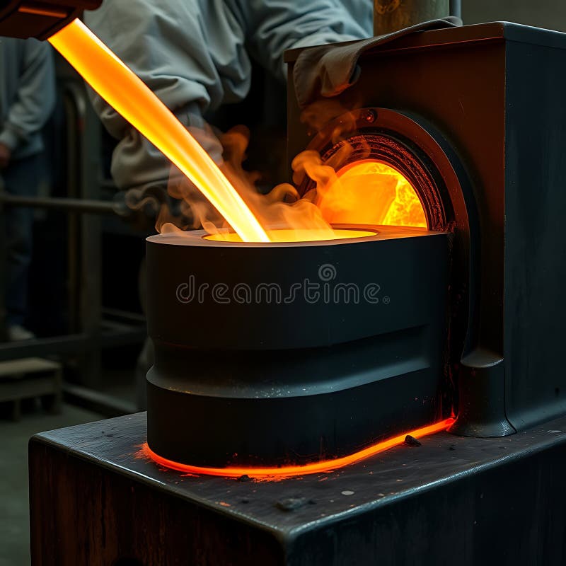 Side View of a Casting Process Where Molten Metal is Being Poured into ...