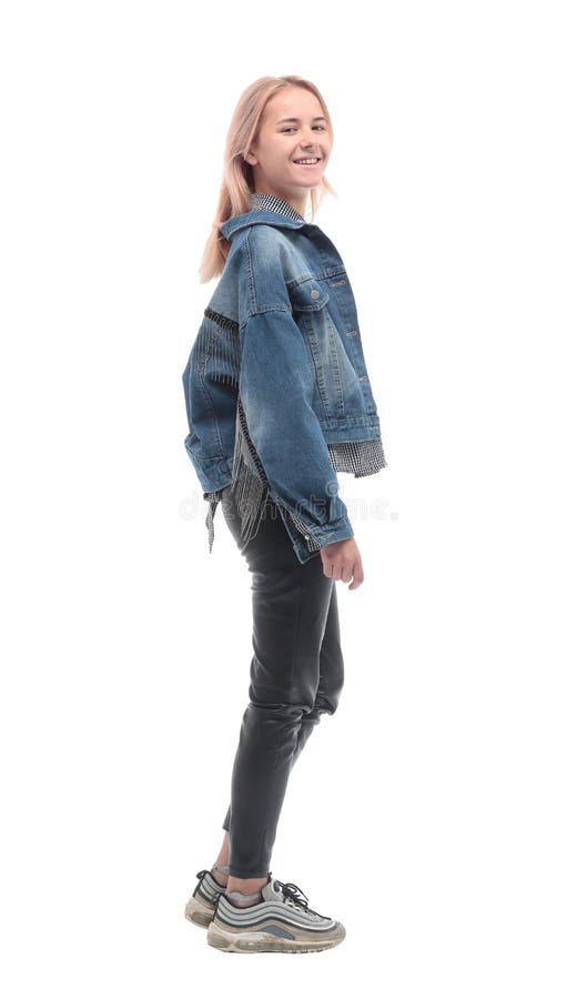 Side View. Casual Girl in Denim Jacket Looking Forward Stock Image ...