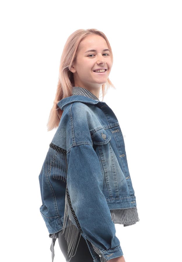 Side View. Casual Girl in Denim Jacket Looking Forward Stock Image ...
