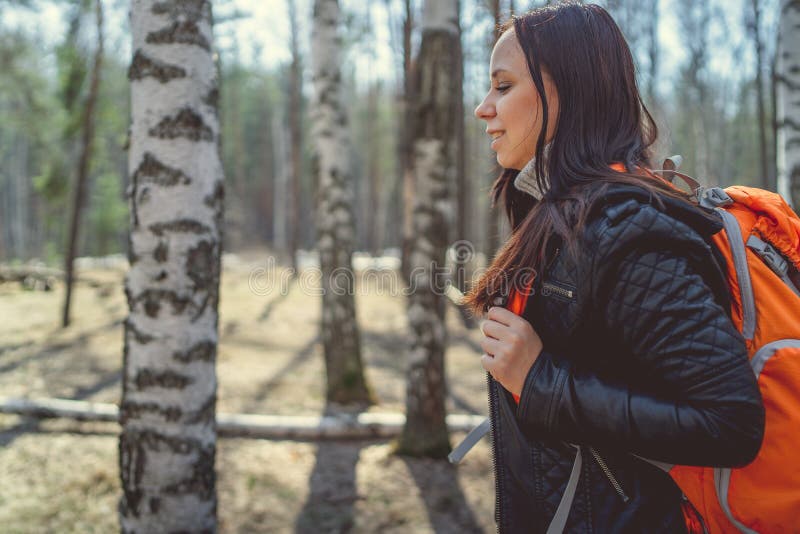 Woman with Backpack Walking in Woods Side View of Casual Woman Carrying ...