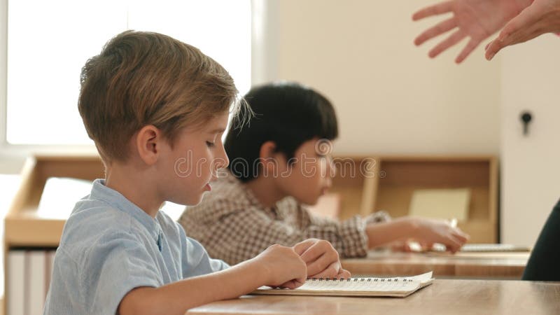Side View of Caucasian Student Looking a Note and Answer Question ...