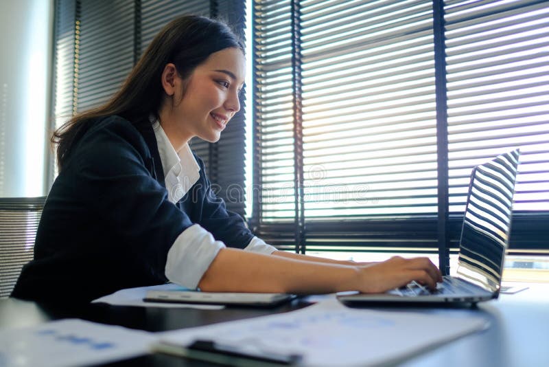 Side View Charming Business Woman Working with Computer Laptop in ...