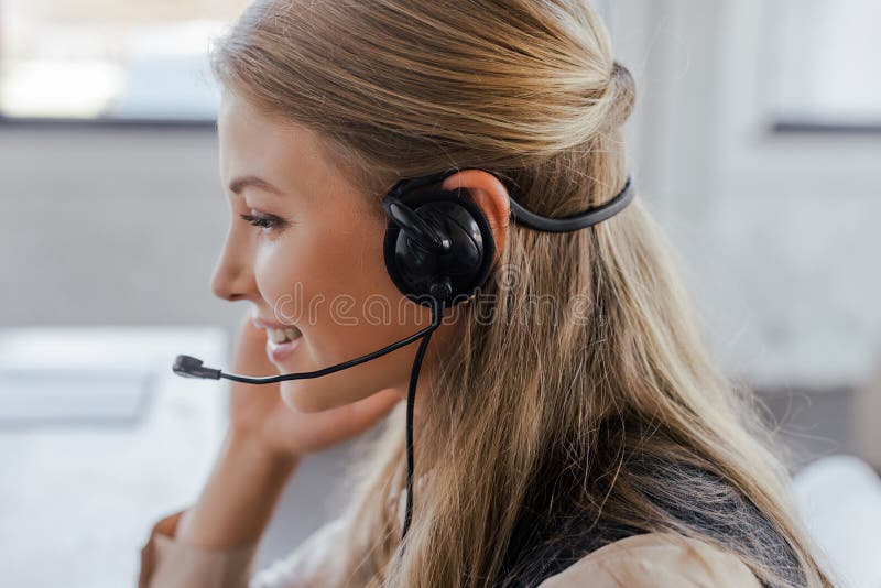 Side View of Cheerful Operator in Stock Image - Image of caucasian ...