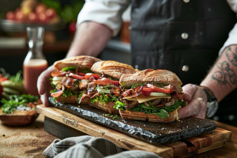 Side View of Chef Presenting Sandwiches on a Cutting Board Stock Photo ...