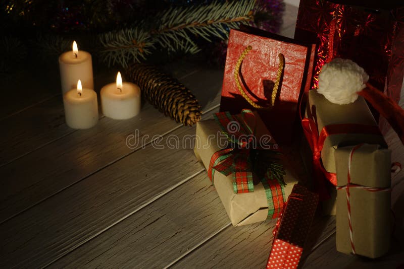 Side View of the Christmas Presents Placed on the Table Decorated with ...