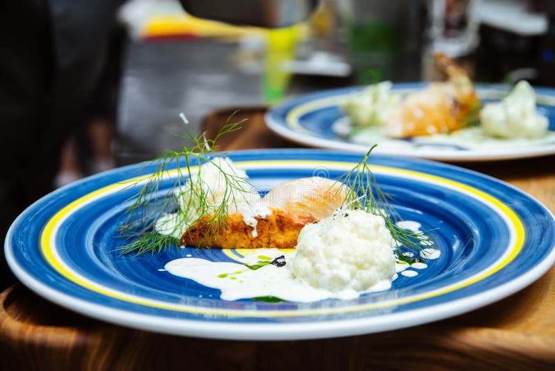 Side View Closeup on the Cooked Chicken with Soft Cheese and Dill on a ...