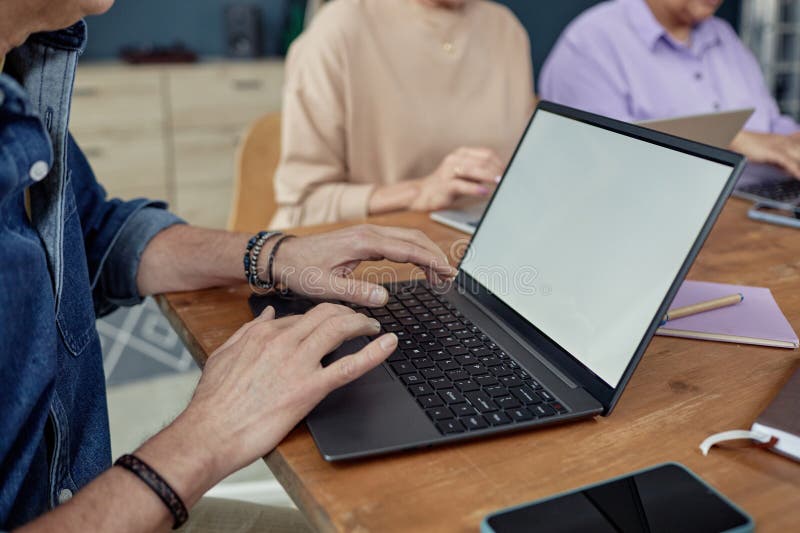 Mature Man Using Computer with Blank White Screen Stock Photo - Image ...