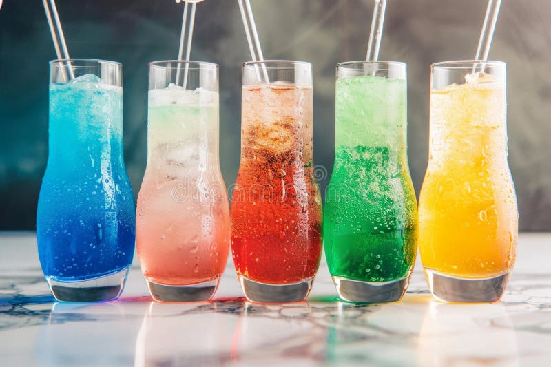 Side View of Colorful Iced Drinks in Various Flavors, Casting Playful ...