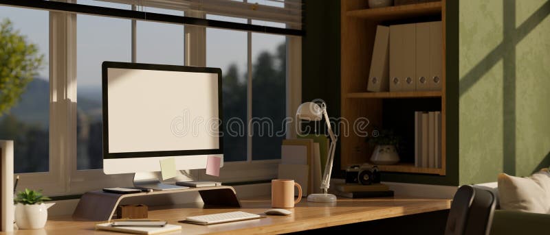Side View, Comfortable Home Office Workspace with Computer Mockup on ...