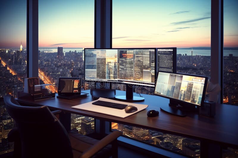 A Side View from a Computer Desk in a Modern Corporate Office Stock ...
