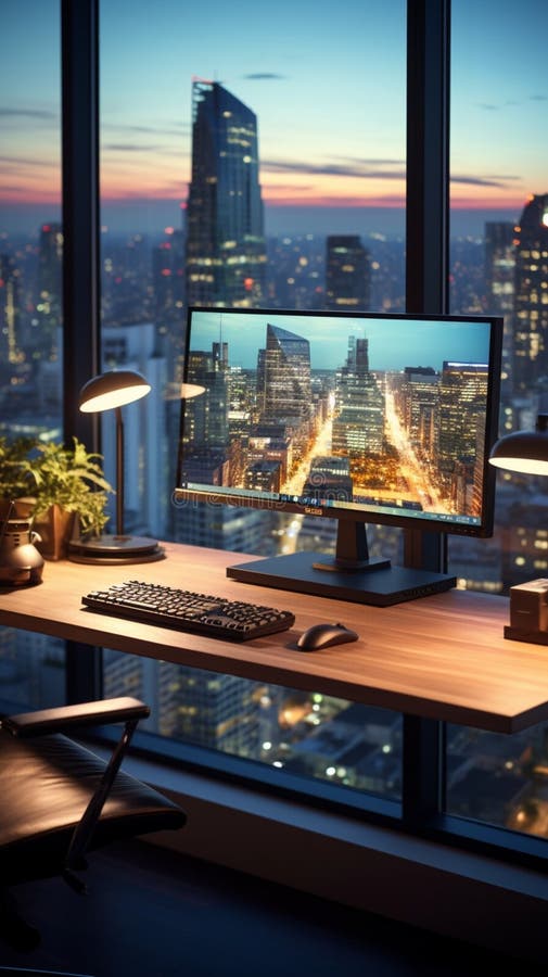 A Side View from a Computer Desk in a Modern Corporate Office Stock ...