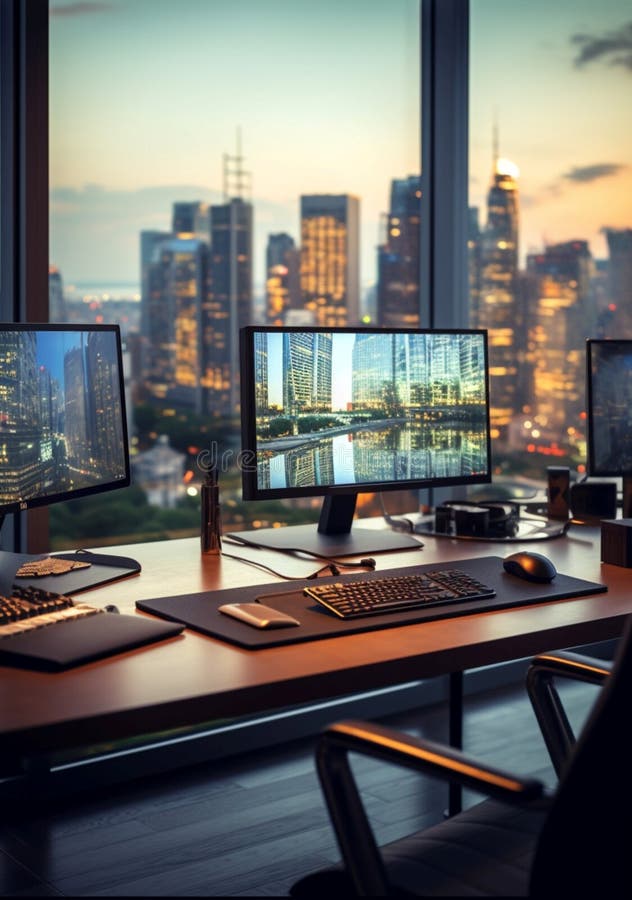 A Side View from a Computer Desk in a Modern Corporate Office Stock ...