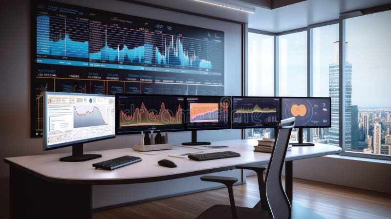 The Side View from a Computer Desk with Multiple Screens Displaying ...