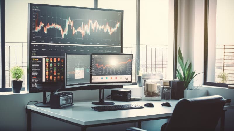 The Side View from a Computer Desk with Multiple Screens Displaying ...