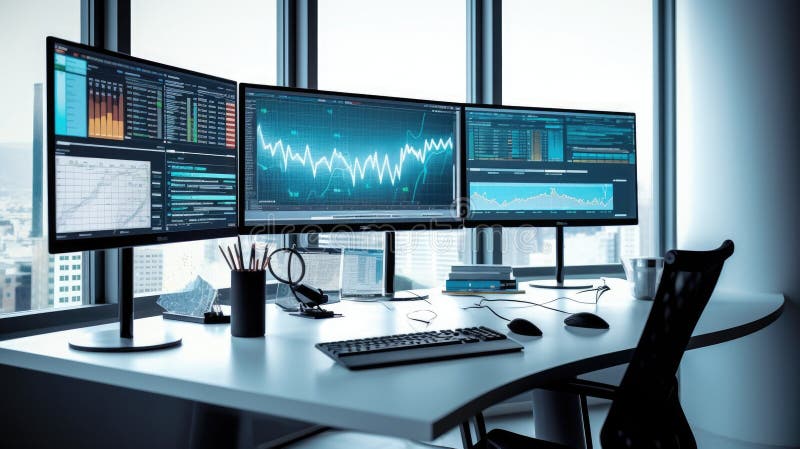 The Side View from a Computer Desk with Multiple Screens Displaying ...