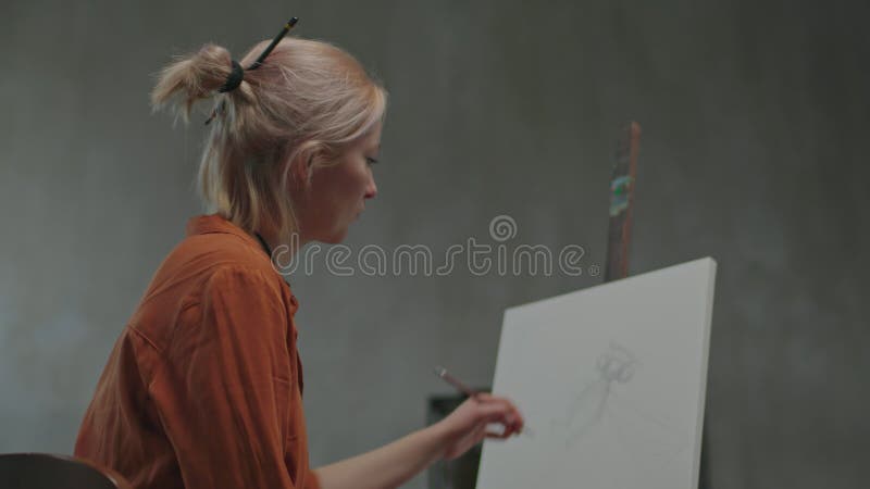 Gifted Woman Painter Drawing Sketch of Painting Stock Video - Video of ...