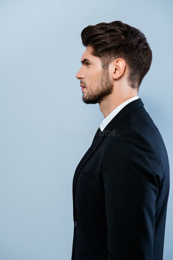 Side View of Confident Serious Man in Black Suit Stock Image - Image of ...