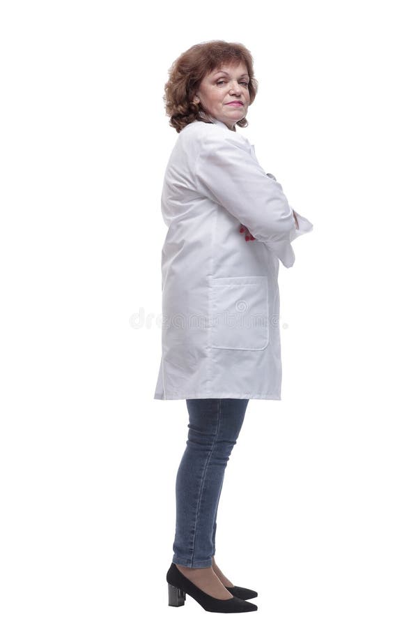 Side View. Confident Woman Doctor Looking at a White Screen Stock Photo ...