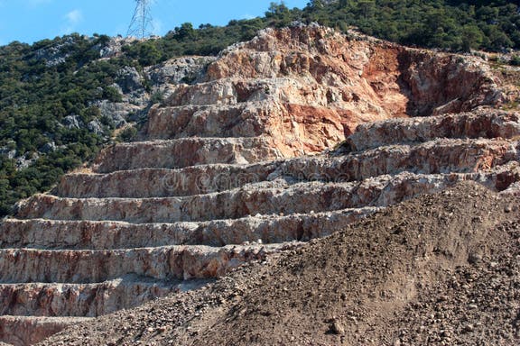 Side View of Construction Aggregate Quarry, Stepped Slope of a Mountain ...