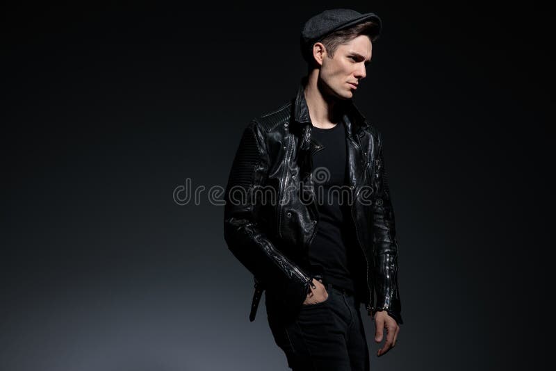 Side View of a Cool Man in Leather Jacket Walking Stock Photo - Image ...