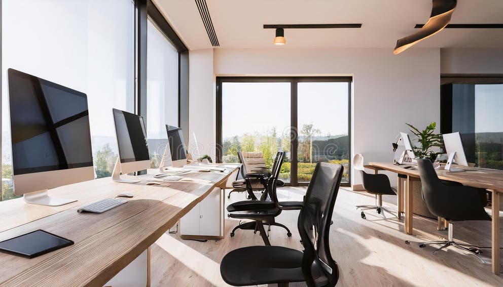Side View on Cozy Workspace with Modern Computers and Office Tools on ...