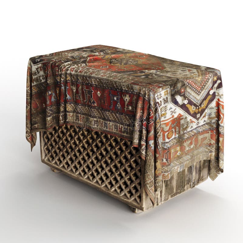 Side View of a 3D Rendered Wooden Storage Box with a Traditional Carpet ...