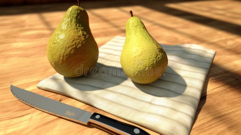 Side View 3d Rendering of Pear, Kitchen Napkin, and Knife on Table in ...