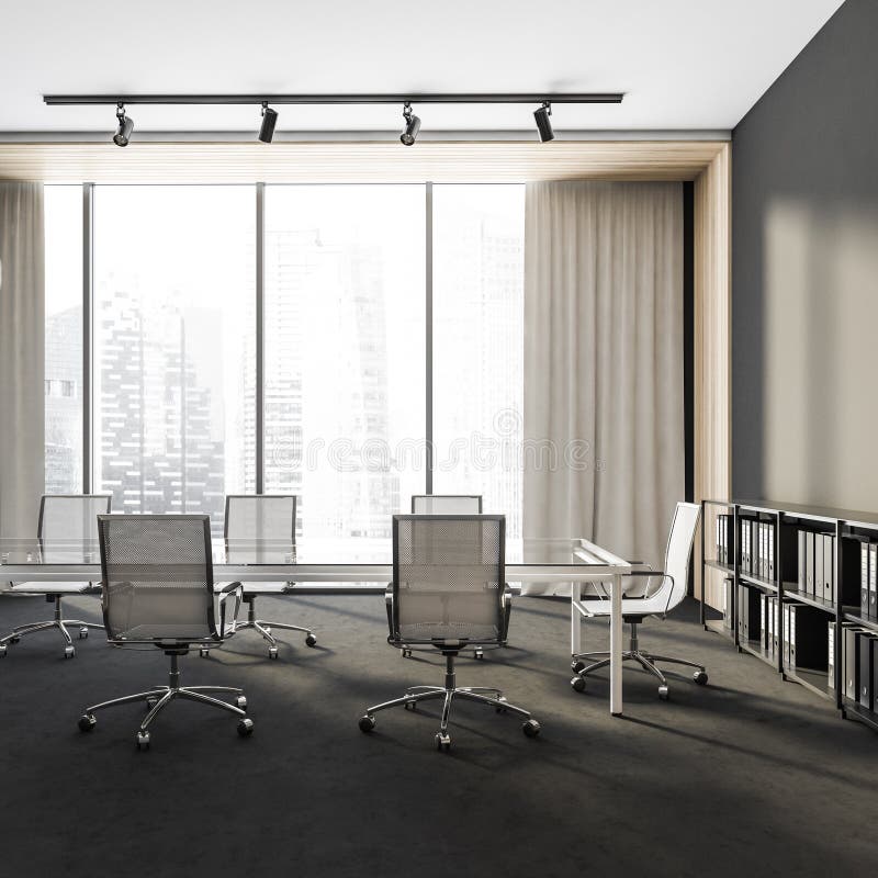 Side View on Dark Office Interior with Empty Grey Wall Stock ...