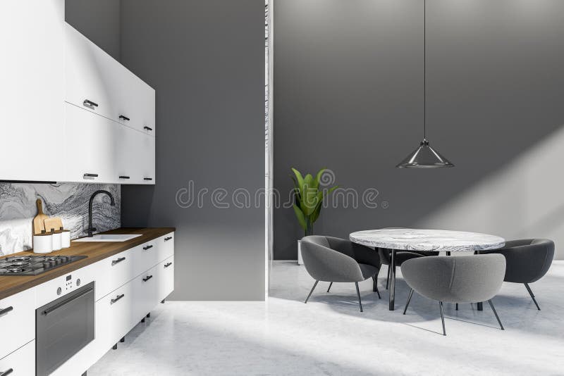 Side View on Dark Studio Dining and Kitchen Room Interior Stock ...