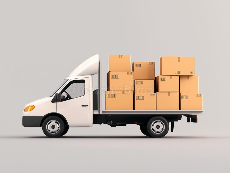Side View of Delivery Truck Loaded with Cardboard Boxes, Showcasing ...