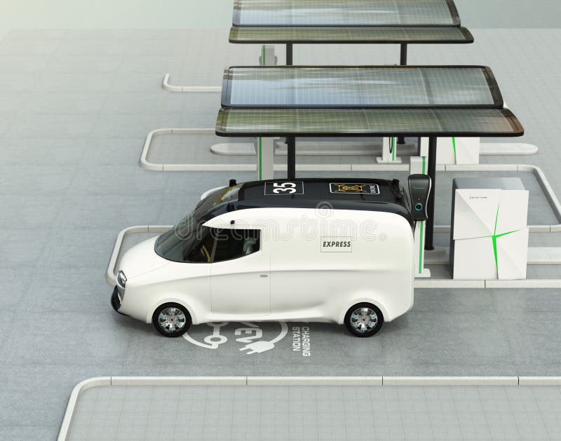 Side View of Delivery Van in Charging Station Stock Illustration ...