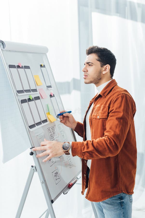 Side View of Designer with Marker Planning Project of Ux Design on ...