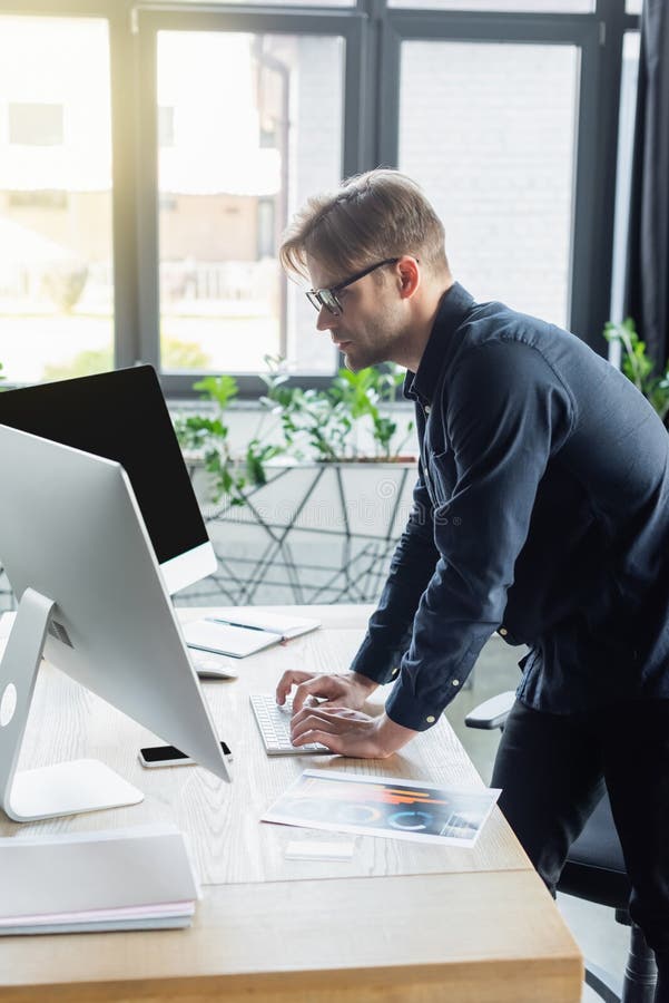 Side View of Developer in Eyeglasses Stock Image - Image of technology ...