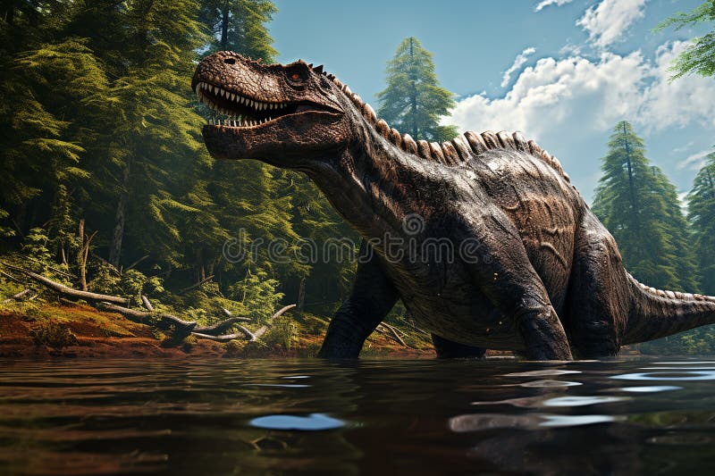 Side View of Dinosaur Walking in River Water with Forest View ...