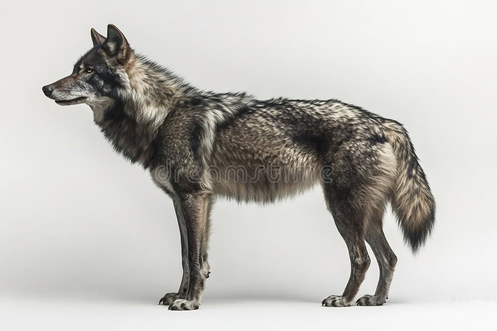 Side View of Dire Wolf Standing Tense and Alert, Fur Highlighted by ...