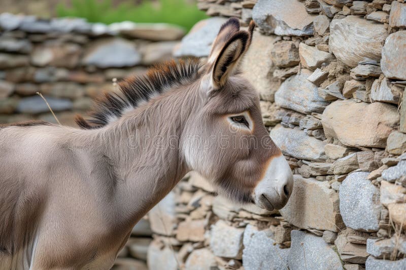 Side View of a Donkey Standing beside an Old Stone Wall Stock Photo ...