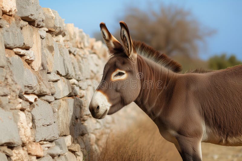 Side View of a Donkey Standing beside an Old Stone Wall Stock Image ...
