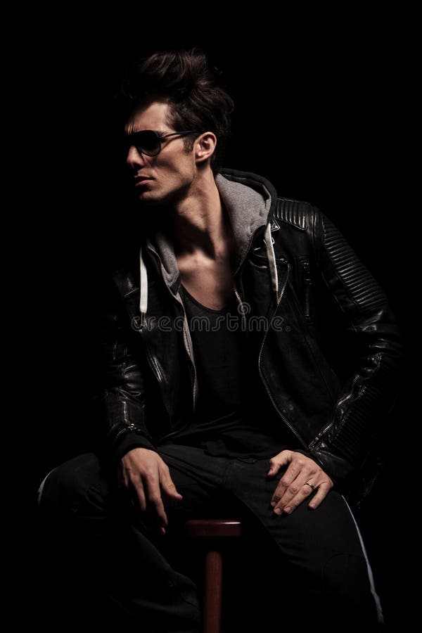 Side View of Dramatic Young Man in Leather Jacket Stock Photo - Image ...