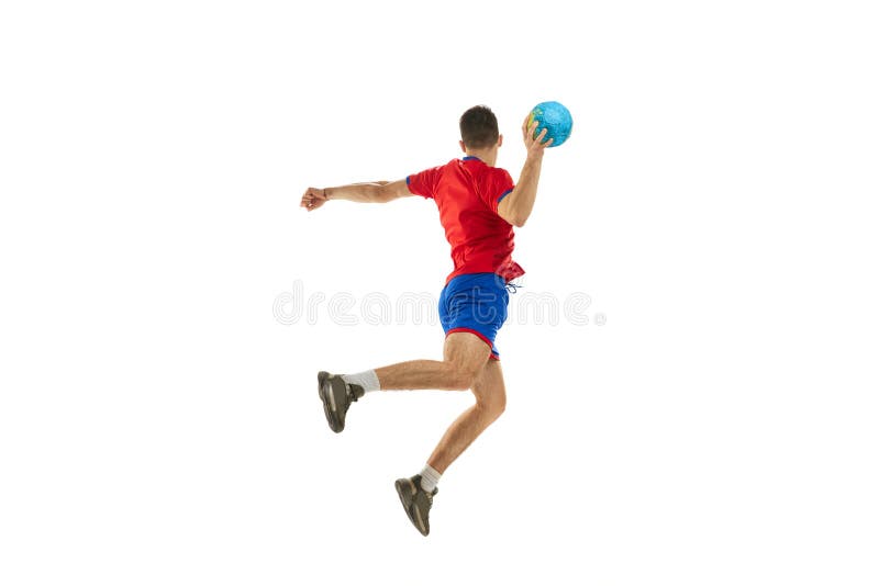 Side View. Dynamic Studio Shot of Professional Male Handball Player in ...