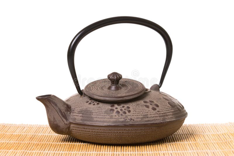 Side View of Eastern Iron Teapot with a Half Opened Lid on Wooden Mat ...