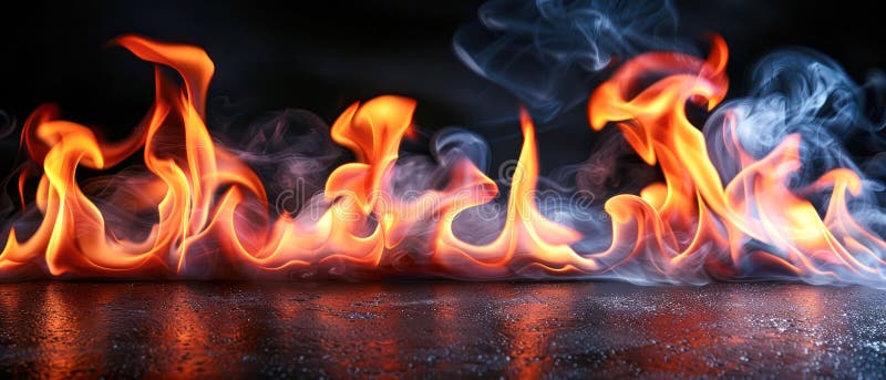 Side View of Empty Concrete Table Top with Orange Fire or Flame and ...